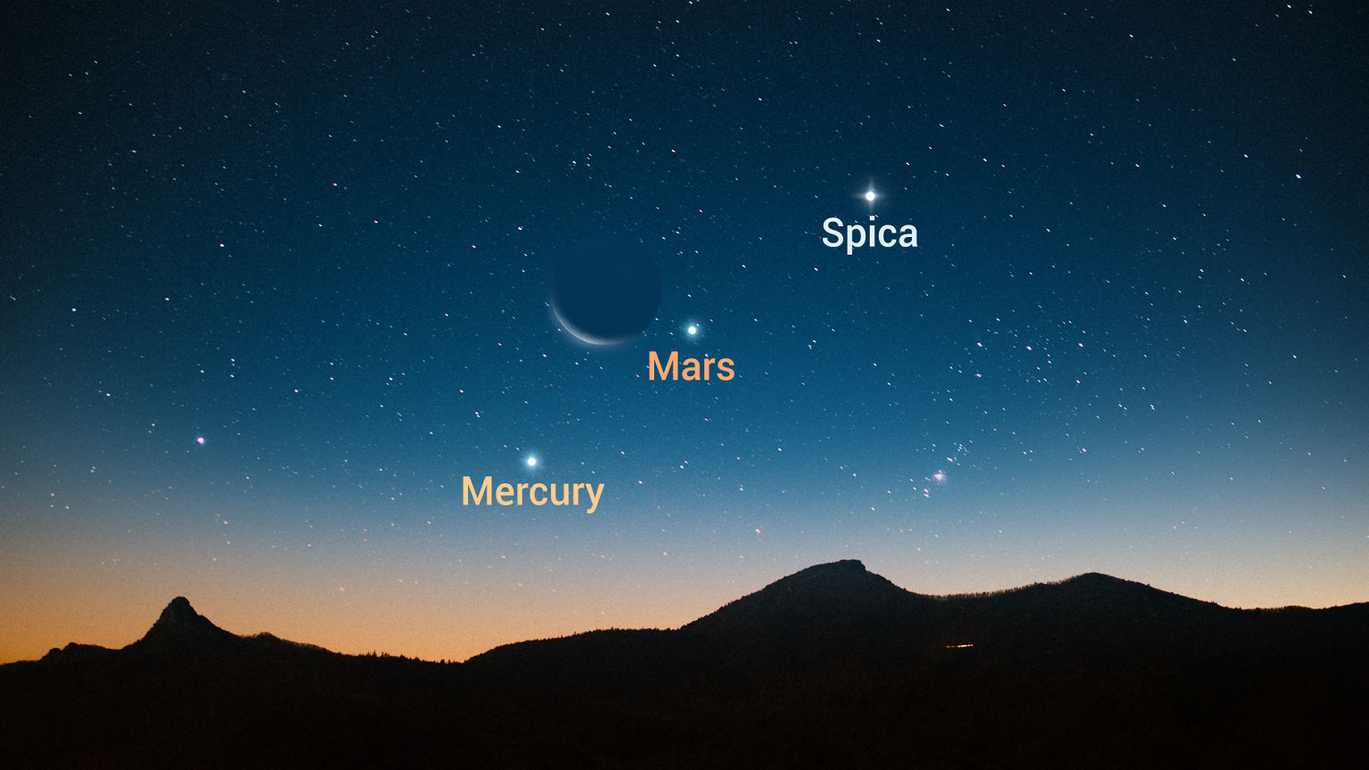 Old Moon Meets Mars, Mercury and Spica